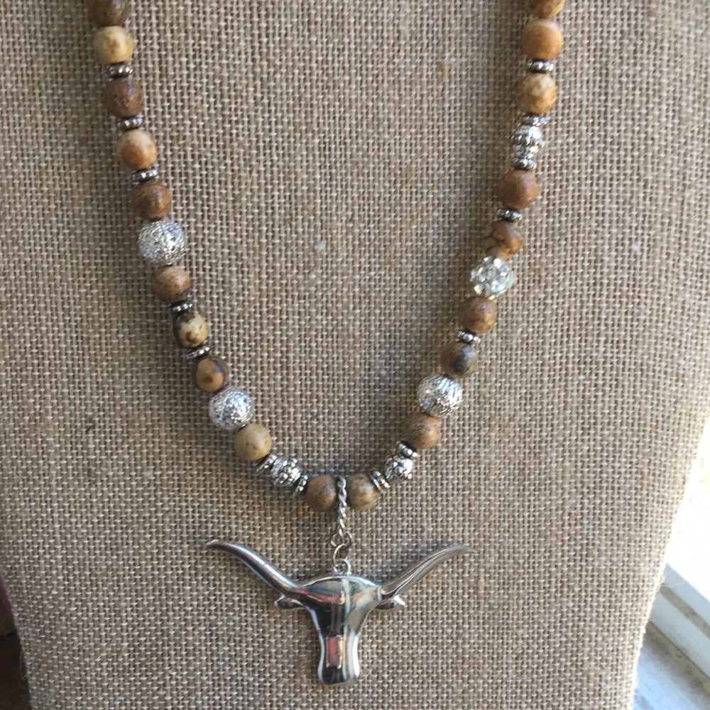 Texas Longhorn Jasper Bead Necklace - Cattle Cow Stee… - Gem